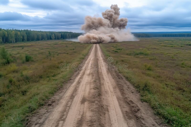 Aerial View of a Dirt Road through the Field with Massive Explosion in ...