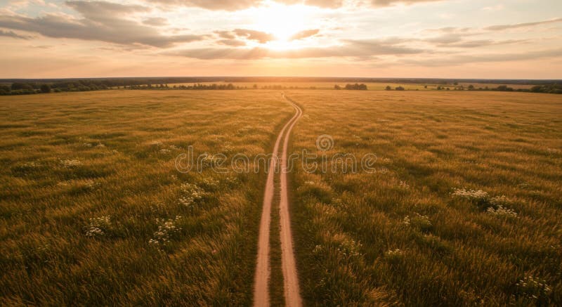 Aerial View of a Dirt Road through a Golden Field at Sunset Stock ...