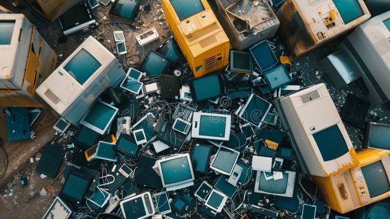 Aerial View of Discarded Electronics, Showcasing Old Computer Units and ...