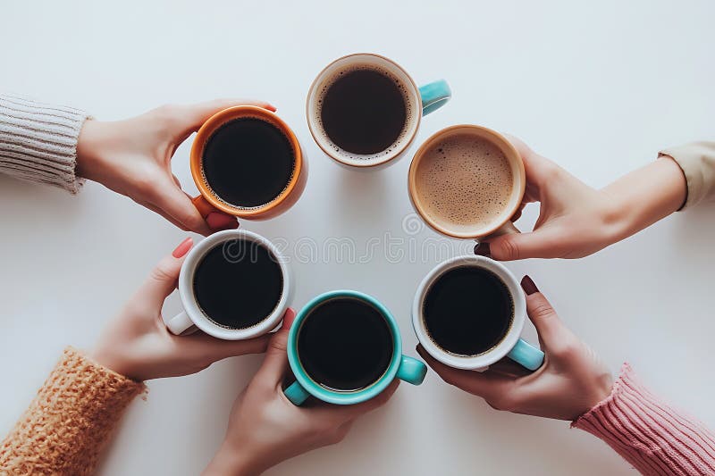 Aerial View of Diverse Hands Holding Colorful Coffee Mugs in Circle ...