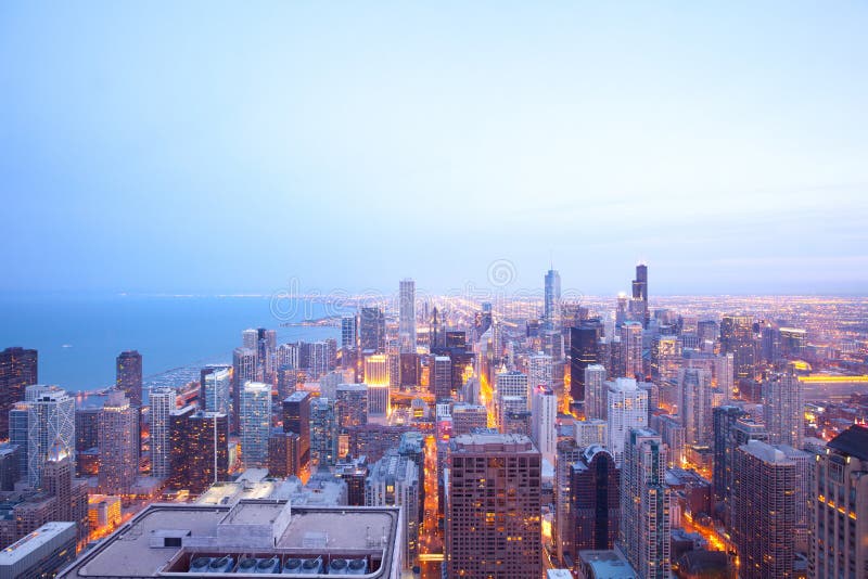 Aerial View of Downtown Chicago at Night Stock Image - Image of ...