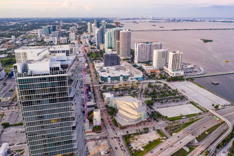 Aerial View of Downtown Miami and Biscayne Bay Waterfront Scene Stock ...