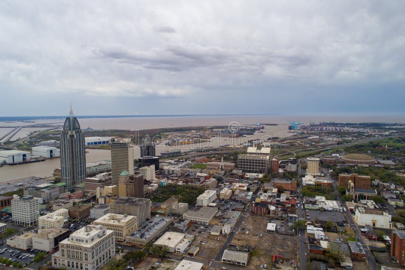 Aerial View of the Downtown Mobile, Alabama Waterfront Skyline in March ...