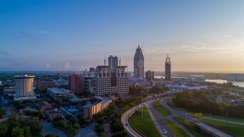 Aerial View of Downtown Mobile, Alabama Waterfront at Sunrise Stock ...