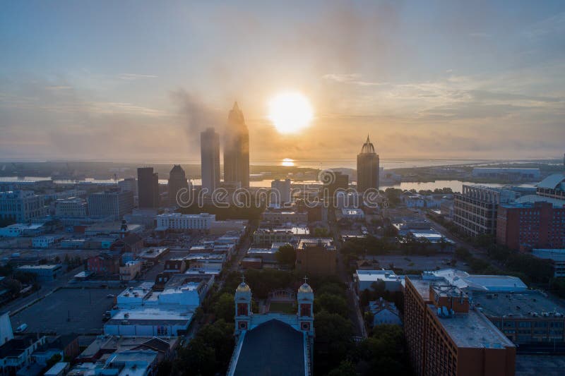 Aerial View of Downtown Mobile, Alabama Waterfront at Sunrise Stock ...