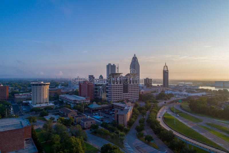 Aerial View of Downtown Mobile, Alabama Waterfront at Sunrise Stock ...