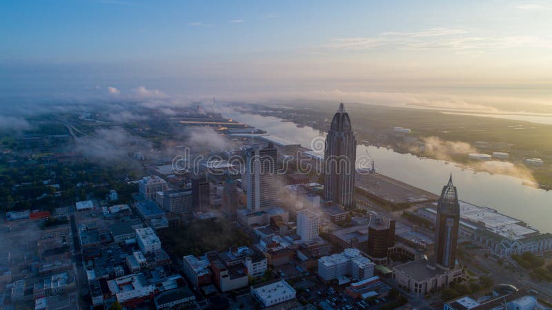 Aerial View of Downtown Mobile, Alabama Waterfront at Sunrise Stock ...