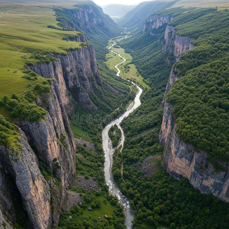 Aerial View of a Dramatic Canyon with Steep, Rocky Cliffs Covered in ...