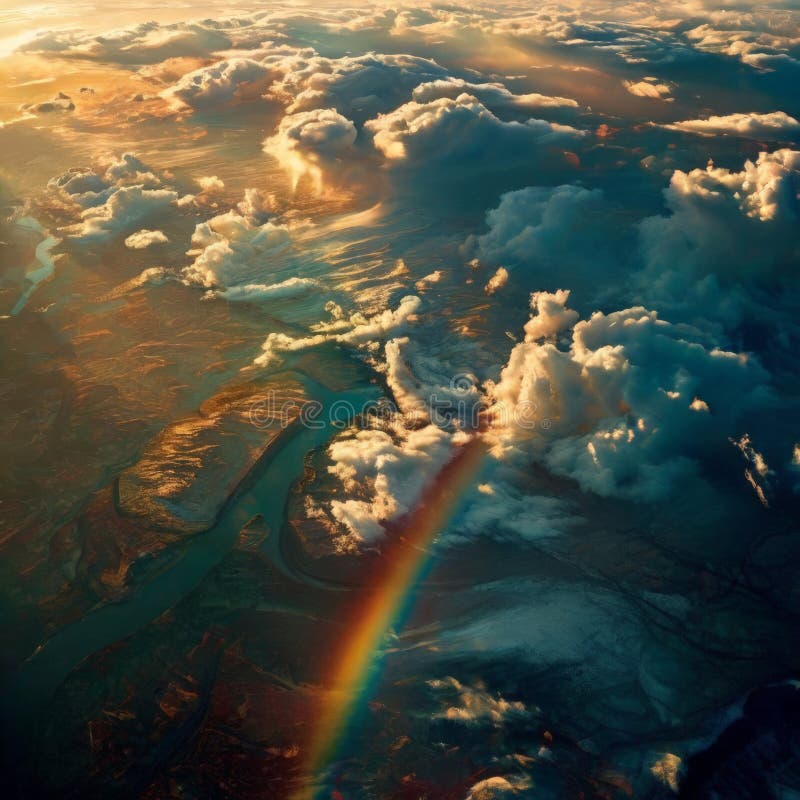 Aerial View of Dramatic Clouds with Rainbow Over Landscape Stock Photo ...