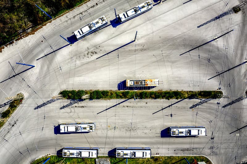 Aerial View from Drone of Bus at Bus Station with Interesting Shadows ...