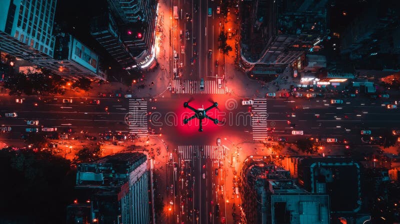 Aerial View of a Drone Flying Over a Busy City Intersection at Night ...