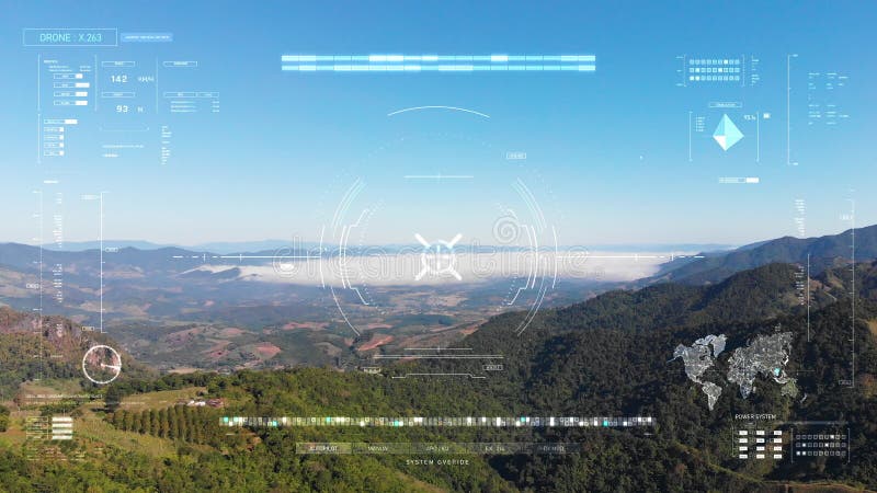 Aerial View Drone Shot with Head Up Display Interface HUD, Cyber ...