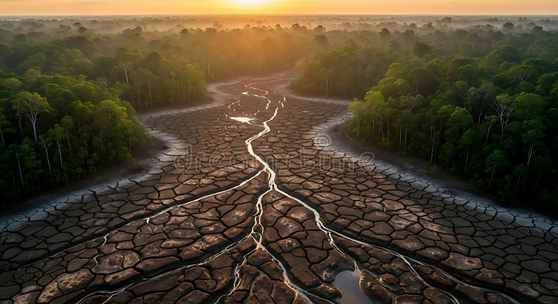 Aerial View of Drought-stricken Amazon Rainforest with Dry Cracked ...