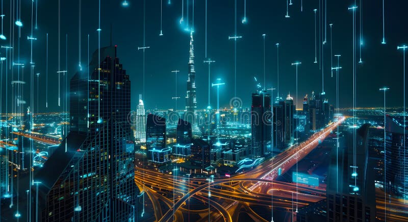 Aerial View of Dubai City Skyline with Digital Network at Night - AI ...