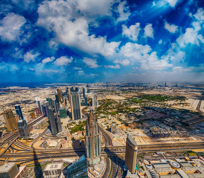Aerial View of Dubai Skyline at Dusk, UAE Stock Photo - Image of ...