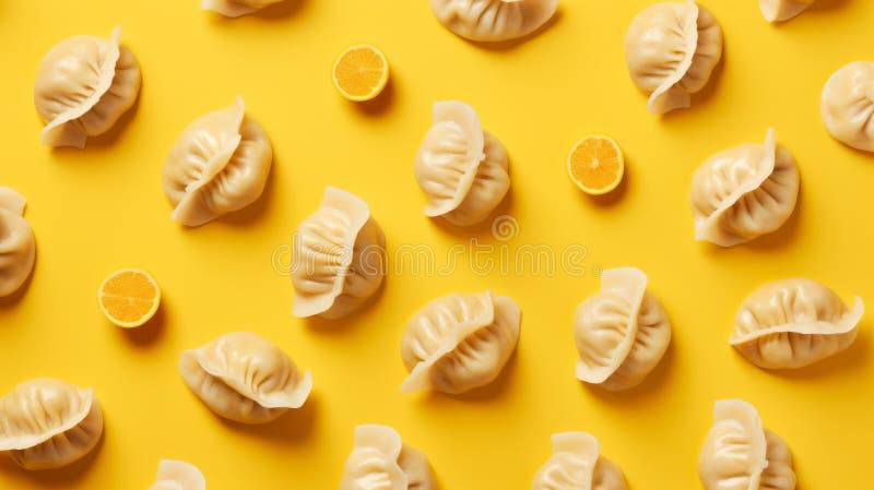 Aerial View Dumplings Flatlay on Yellow Background with Nature-based ...