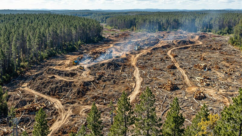Aerial View of Efficient Logging Activity with Trees Being Cut Down ...