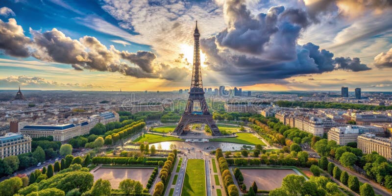Aerial View of the Eiffel Tower at Sunset with Dramatic Clouds, Paris ...