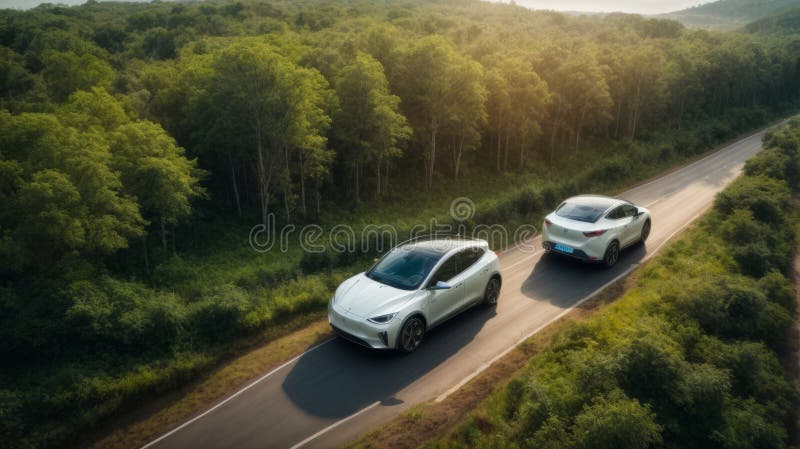 Aerial View of Electric Car and EV Electrical Energy for Environment ...