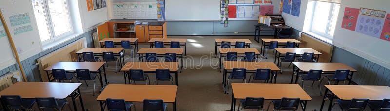 Aerial View of an Empty Classroom with Neatly Arranged Desks, Chairs ...