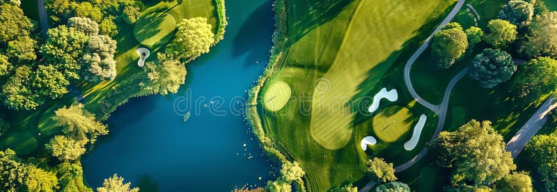 Aerial View of an Empty Golf Course with Lush Greenery and Water ...