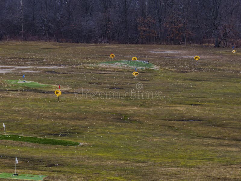 Aerial View of an Empty Golf Driving Range with Dry Grass on a Cloudy ...