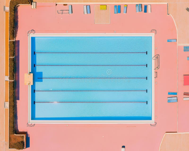 Aerial View of Empty Pool on Pink Deck with Lounge Chairs Stock Photo ...