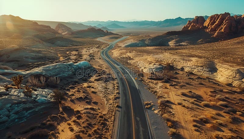 Aerial View of an Empty Road Passing through Remote Desert Landscape ...