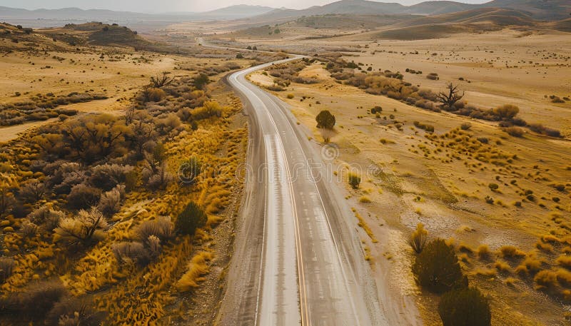 Aerial View of an Empty Road Passing through Remote Desert Landscape ...