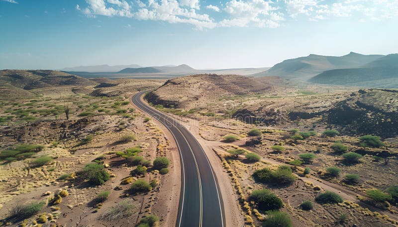 Aerial View of an Empty Road Passing through Remote Desert Landscape ...