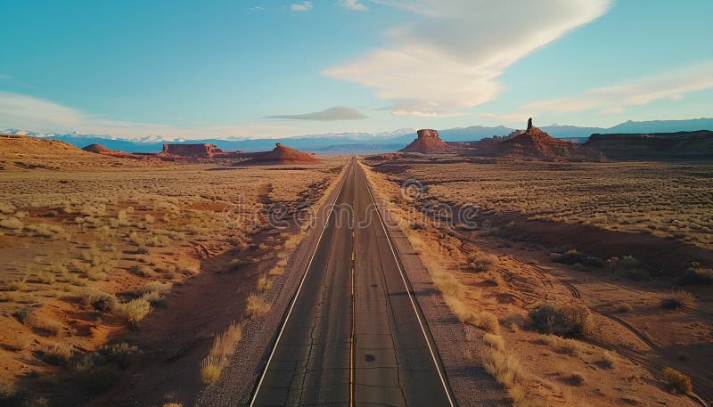 Aerial View of an Empty Road Passing through Remote Desert Landscape ...