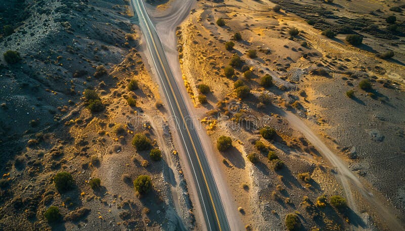 Aerial View of an Empty Road Passing through Remote Desert Landscape ...