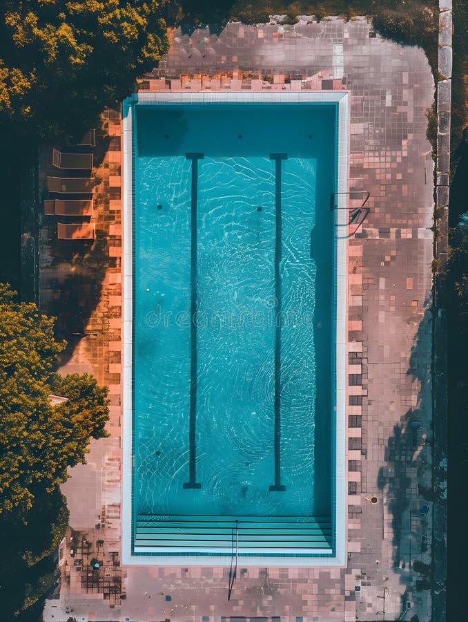 Aerial View of Empty Swimming Pool Surrounded by Pavement and Trees ...
