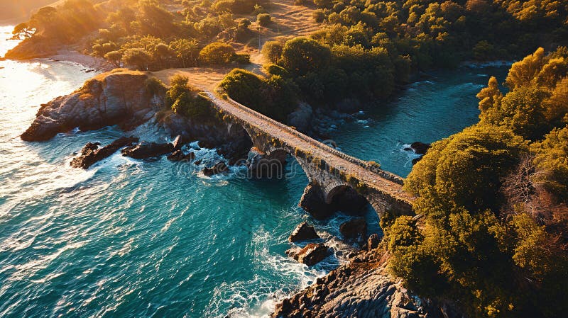 Aerial View of Engineering Marvel Bridge on Ocean Forest Front ...