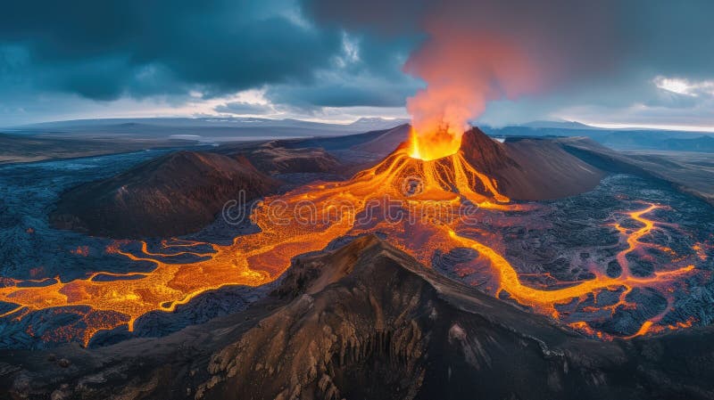 Aerial View of Erupting Volcano and Flowing Lava Stock Illustration ...