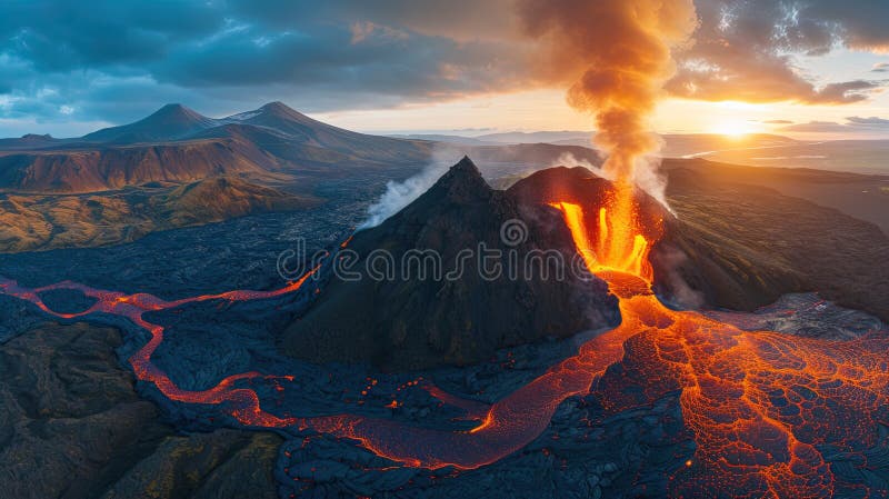 Aerial View of Erupting Volcano and Flowing Lava Stock Illustration ...