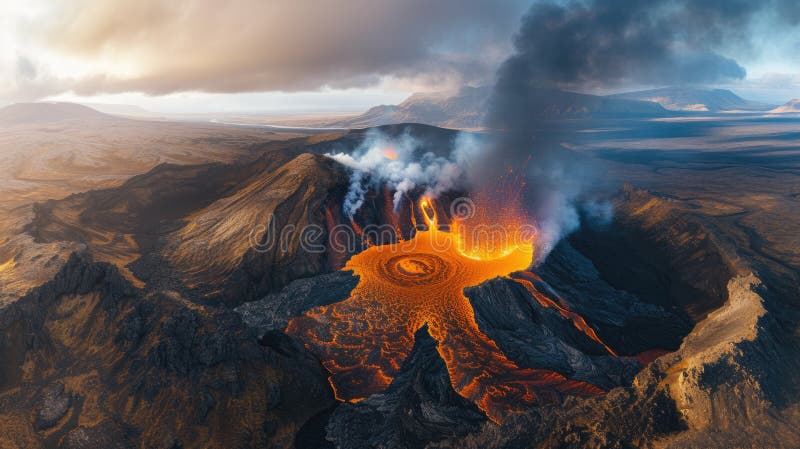 Aerial View of Erupting Volcano and Flowing Lava Stock Illustration ...