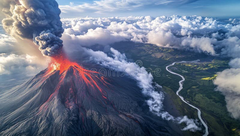 Aerial View of Erupting Volcano with River Stock Illustration ...
