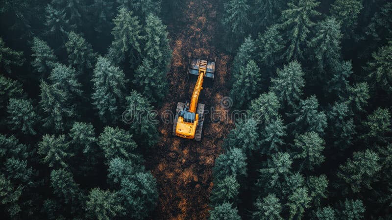 Aerial View of Excavator Clearing Path through Dense Forest Trees Stock ...
