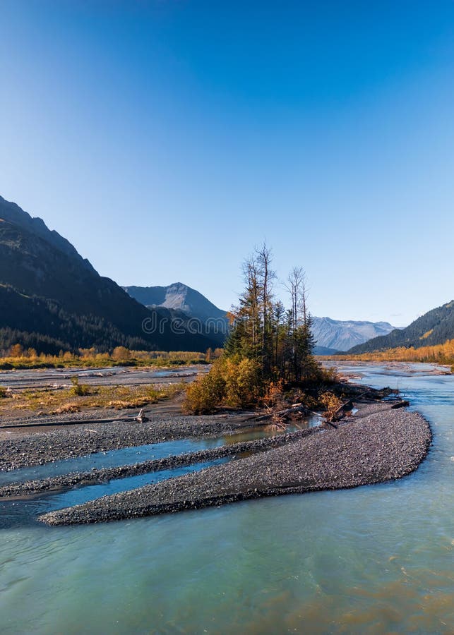 Aerial View of Exit Glacier Wash Surrounded with Fall Foliage in Alaska ...