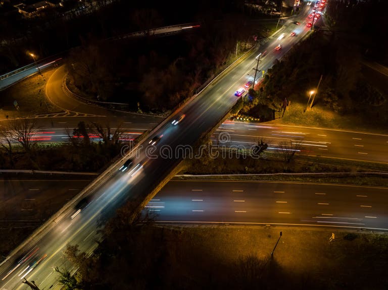 Aerial View of an Exit Ramp of a Highway at Night Stock Photo - Image ...