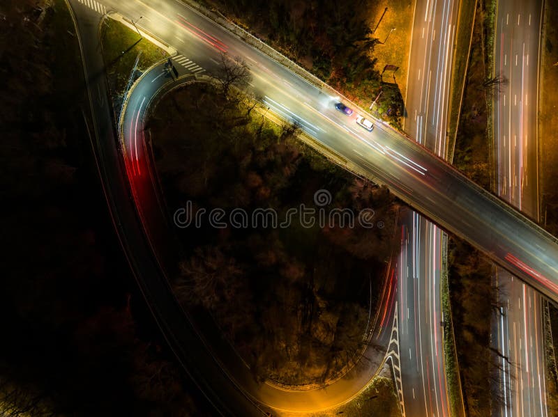 Aerial View of an Exit Ramp of a Highway at Night Stock Photo - Image ...
