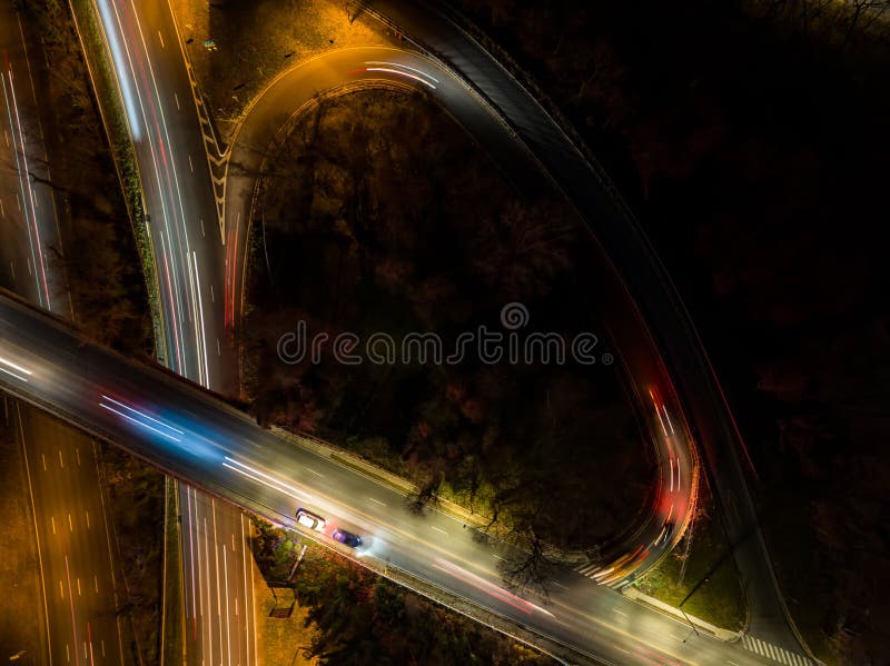 Aerial View of an Exit Ramp of a Highway at Night Stock Image - Image ...