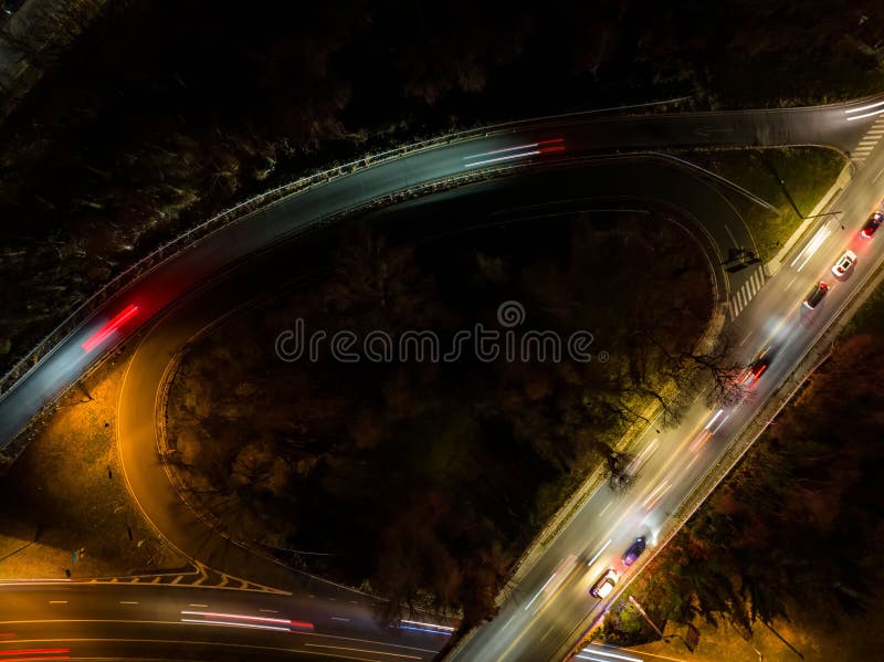 Aerial View of an Exit Ramp of a Highway at Night Stock Photo - Image ...