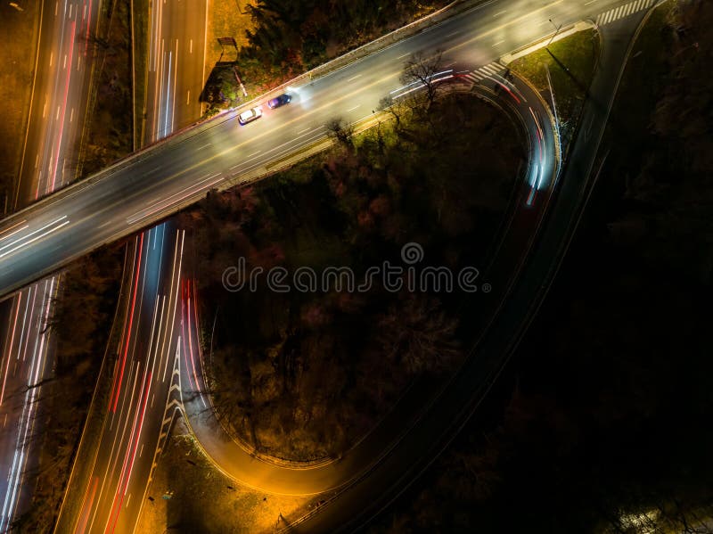 Aerial View of an Exit Ramp of a Highway at Night Stock Image - Image ...