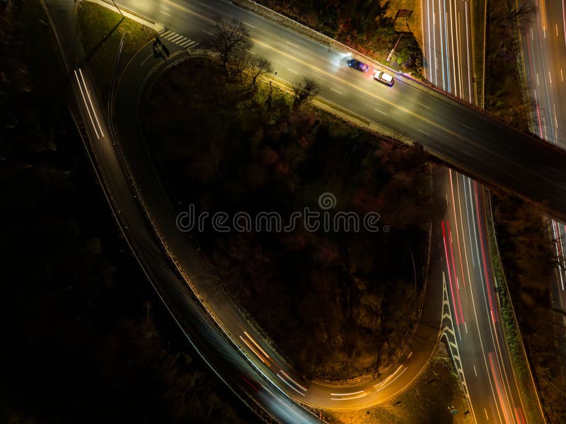 Aerial View of an Exit Ramp of a Highway at Night Stock Photo - Image ...
