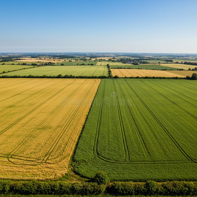 Aerial View of Expansive Green and Yellow Agricultural Fields, Divided ...