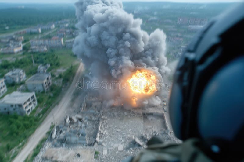 Aerial View of the Explosion of a Building in a Town, View from Behind ...
