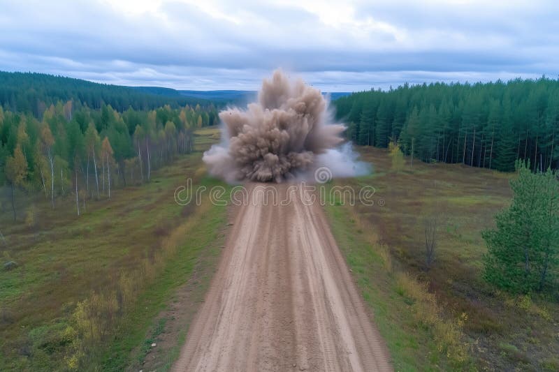 Aerial View of Explosion on a Dirt Road in the Middle of the Forest ...