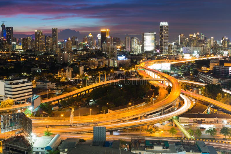 Aerial View Expressway Interchanged with City Downtown Background Night ...